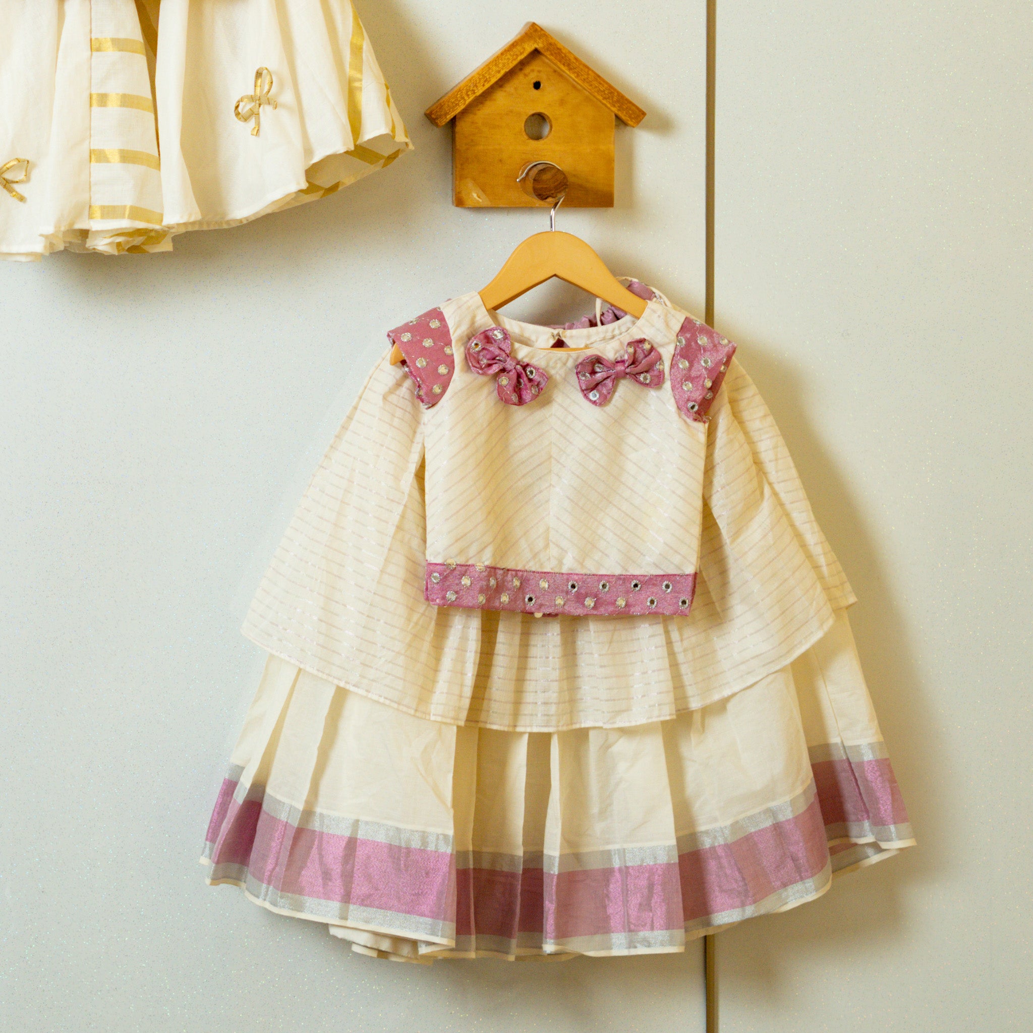 Pre Order: Designer Pink Kasavu Double Layered Pavada (Lehenga) Set ...